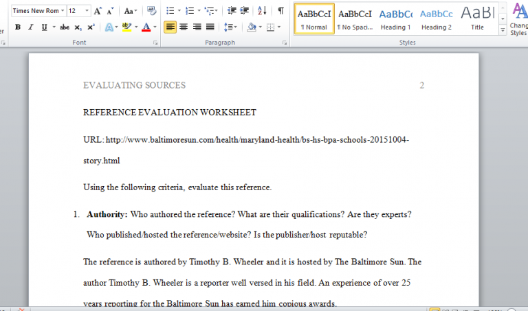 Write a detailed reference evaluation worksheet - Essay Counter
